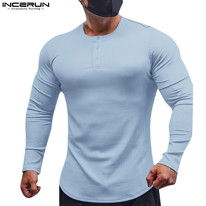 INCERUN Men Korean Minimalist Crew Neck Half-Button Long Sleeve Fit T ...