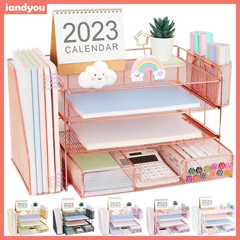 iny Space Saving Metal Desk Organizers 4-Tiered Letter Tray Document ...