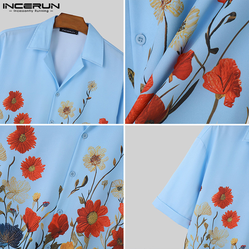 INCERUN Men Korean Shirt Collar Floral Print Short Sleeve Loose Shirts ...