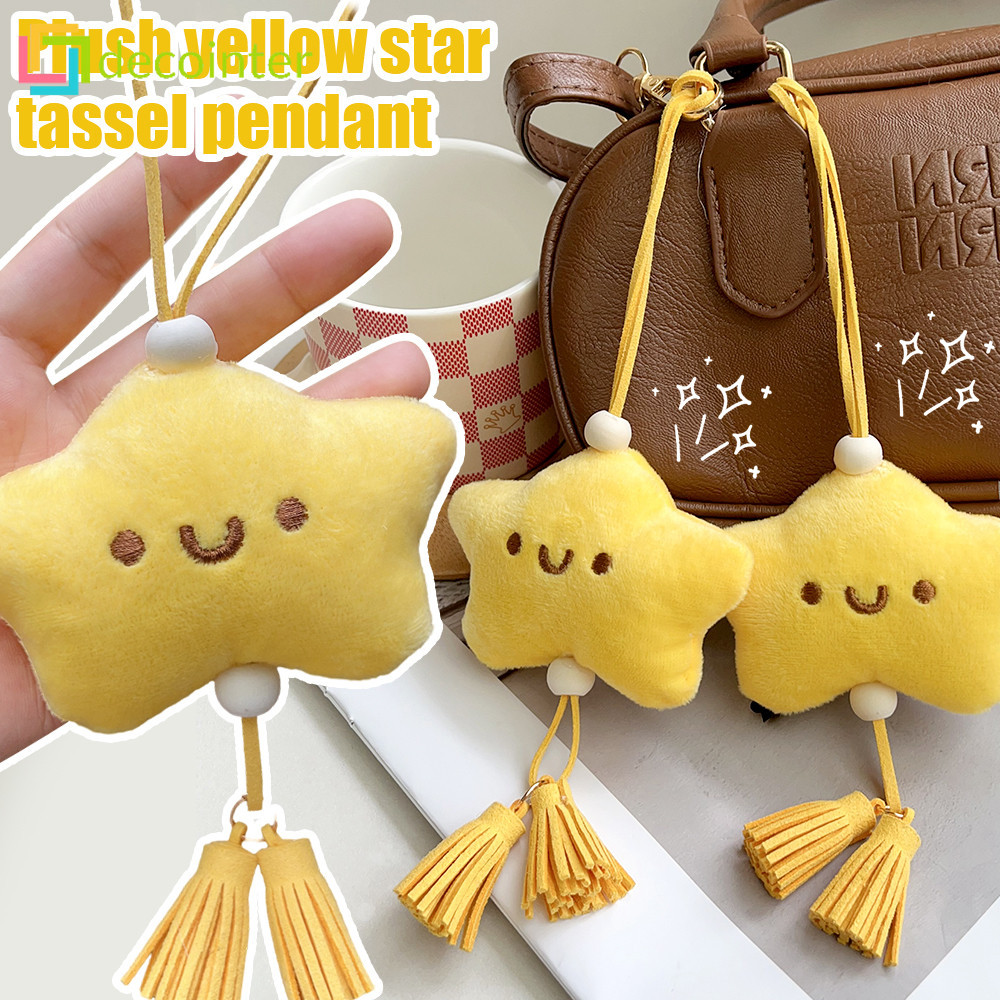 Cute Sweet Plush Yellow Stars Tassel Keychain- Cartoon Soft Car ...