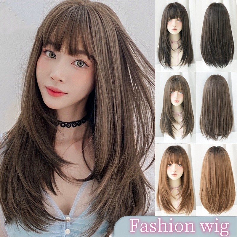 Fashion Women's Long Straight Hair Wig Air Bangs Fluffy Full Head Wig ...