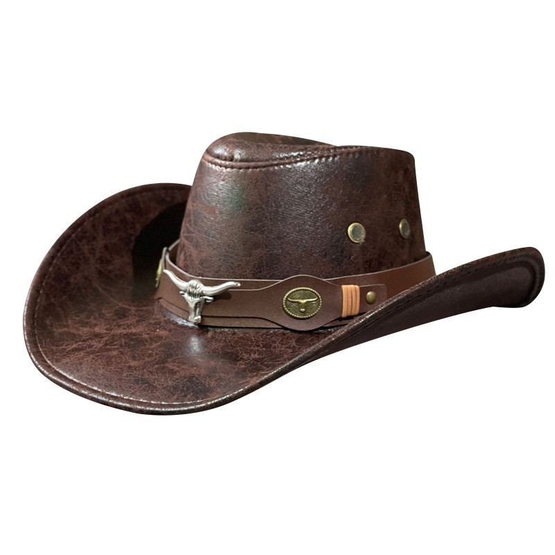 Fashion Cow Head Decorate Western Cowboy Hat Faux Leather Vintage Gentleman Jazz Hats For Men ...