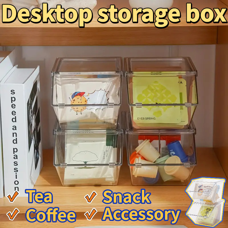 1PC Clear Plastic Fliptop Lid Desktop Bin Coffee Candy Holder Container ...