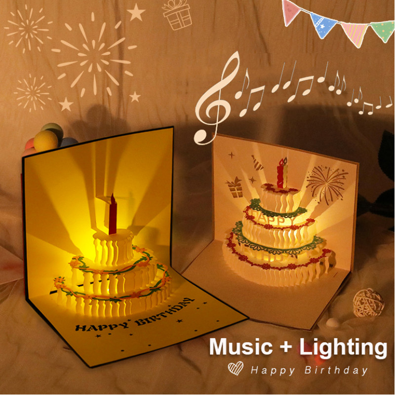 Light Music 3D Greeting Card Creative Pop Up Cake Birthday Greeting ...