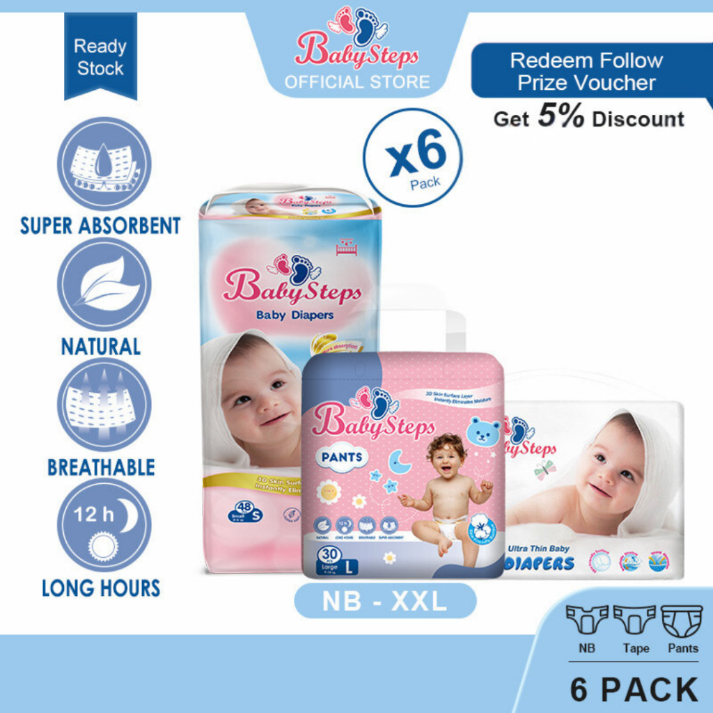 BABY STEPS Diapers 6 Pack Diapers Pant Newborn Tape Pull-up Pants Baby ...