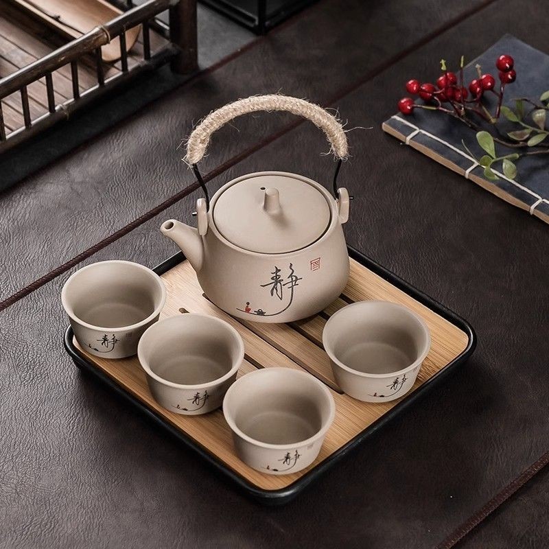 [Super Economical Tea Set] New Style Stoneware Tea Set Japanese Simple Handle Teapot Dry Tea ...