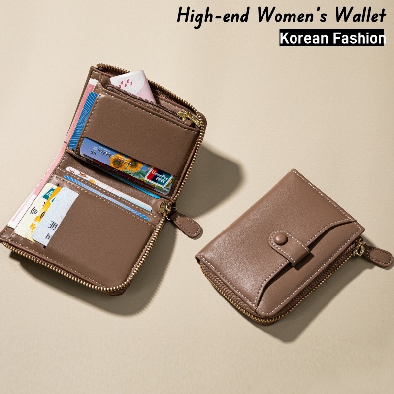 High-end elegant Leather Women's Short Bifold Wallets Multi-card Zip ...