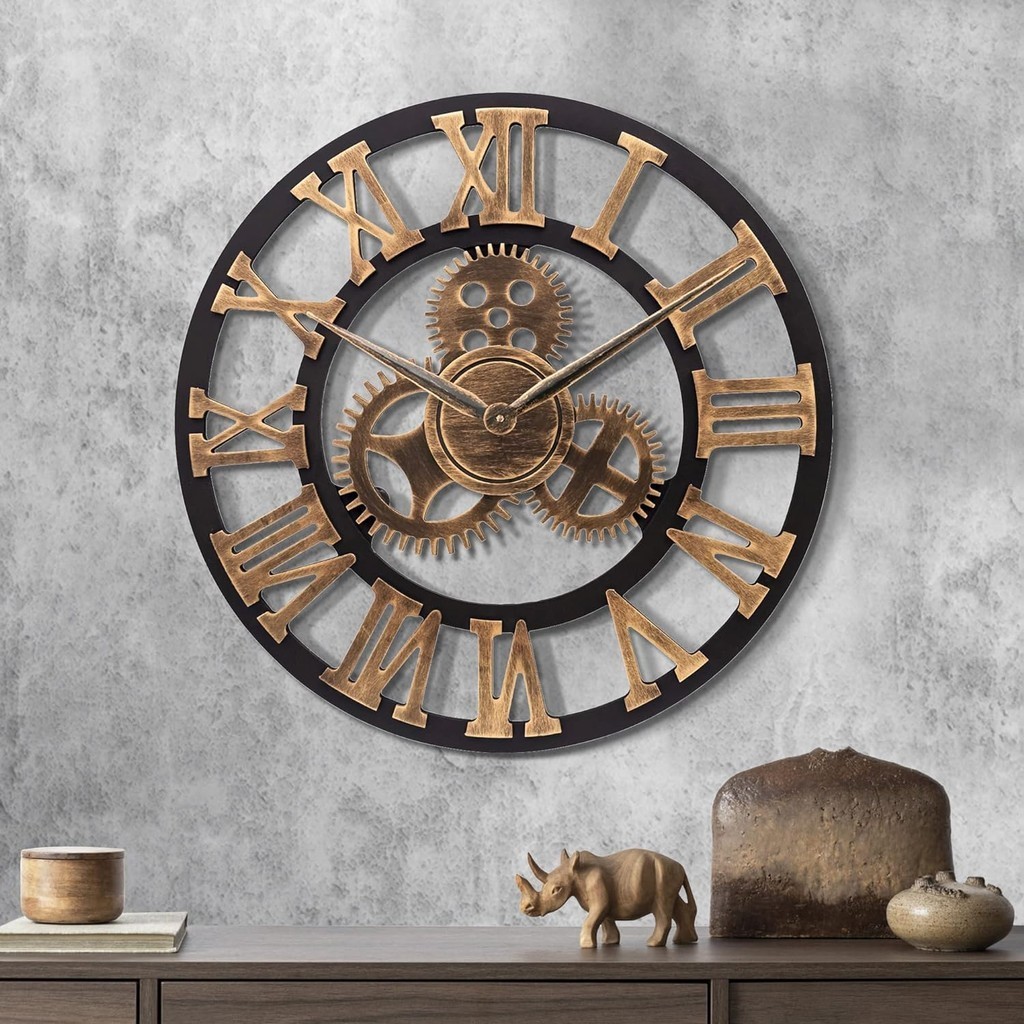 23 Inch Wooden Gears Wall Clock Gold,Large Wall Clock Oversized Vintage ...