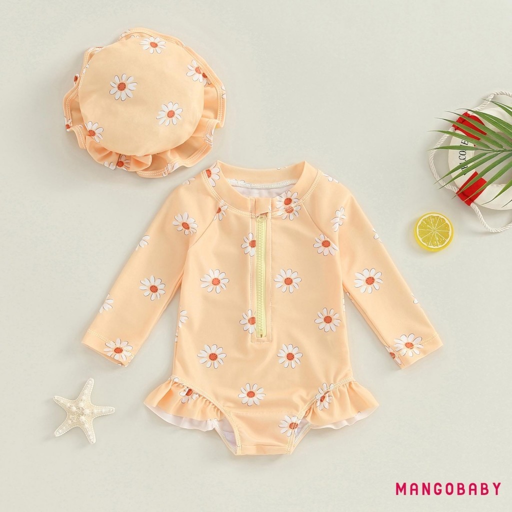 MG-Baby Girls Swimsuit Long Sleeve Flower Print Zipped Bikini with Hat ...