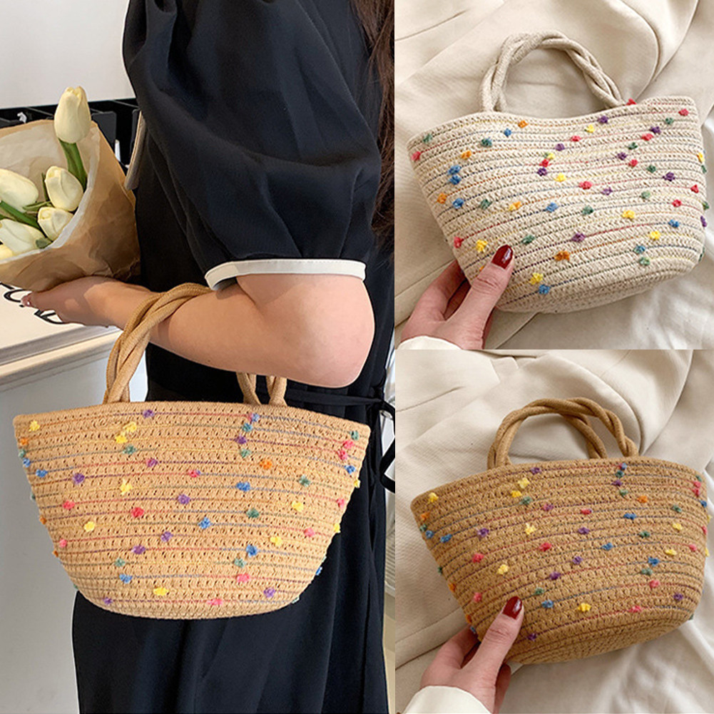 INS Women Top Handle Hag Daily Straw Woven Bag Handheld Basket Bucket ...