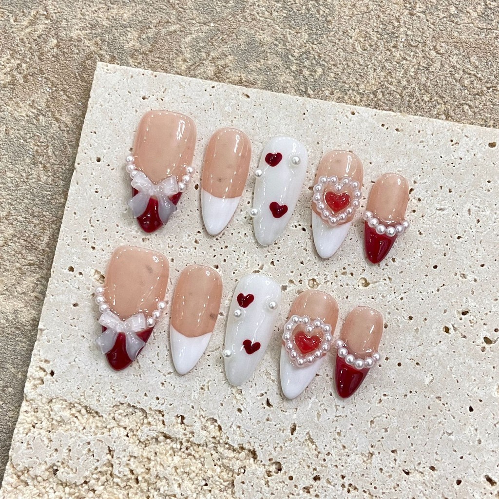 [HANDMADE]Artificial Nail Almond French Bow Pearl Love Phototherapy ...