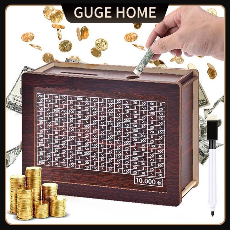 Simple Wooden Coin Bank Money Box Piggy Bank with Saving Goal Numbers ...