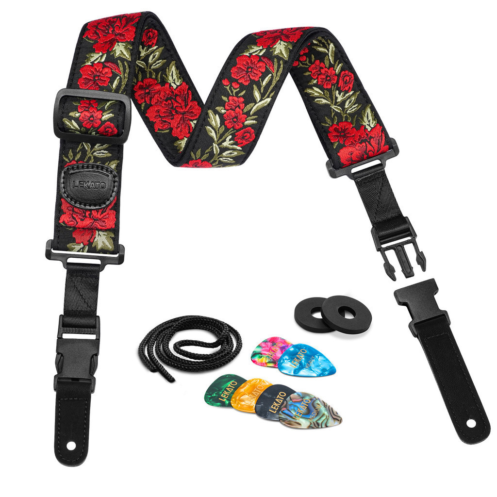 LEKATO LGS-12 Floral Bass Guitar Strap 2" Wide with Clip Buckle Rose ...