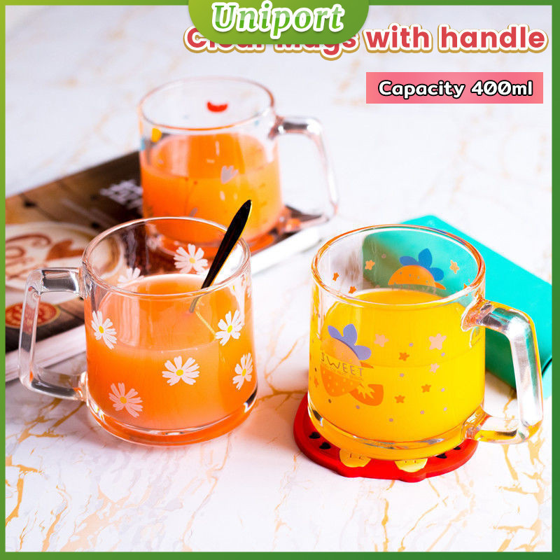 UNI 400ML Clear Mugs with handle Juice Glass Teacup Creative Patterns ...