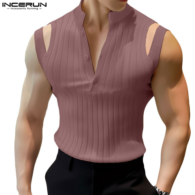 INCERUN Men Korean Casual Shoulder Cut-Out Stand-Up Collar Solid Color ...