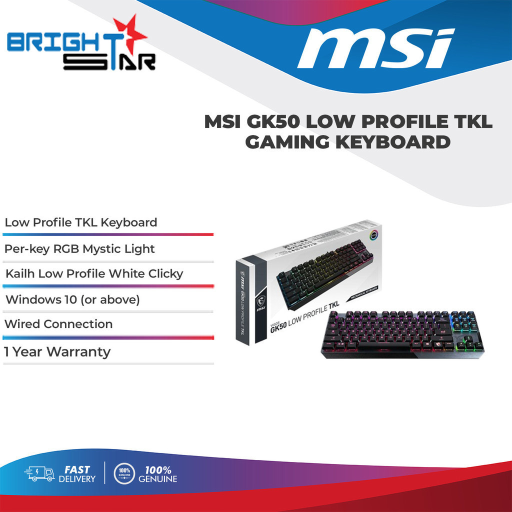 MSI GK50 Low profile TKL Gaming Keyboard with Kailh Low Profile White Clicky Switch | Shopee ...