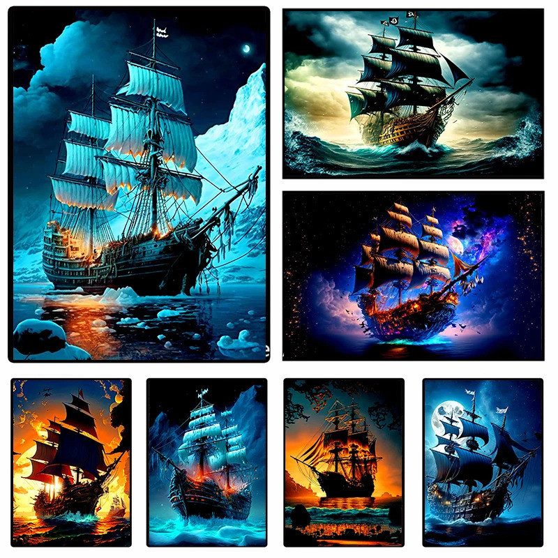 Pirate Ship Poster Retro Neon Design Painting Anime Canvas printing ...