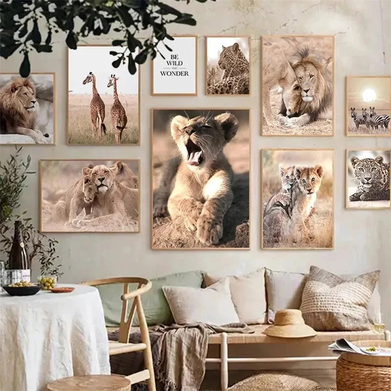 Autumn African Grassland Scenery Picture Canvas Painting Wall Art Lion ...