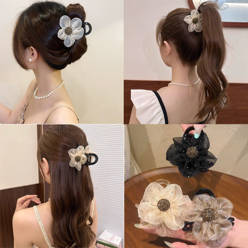 Mesh Rhinestone Flower Hair Clamp for Women Exquisite Updo Hair Gripper ...