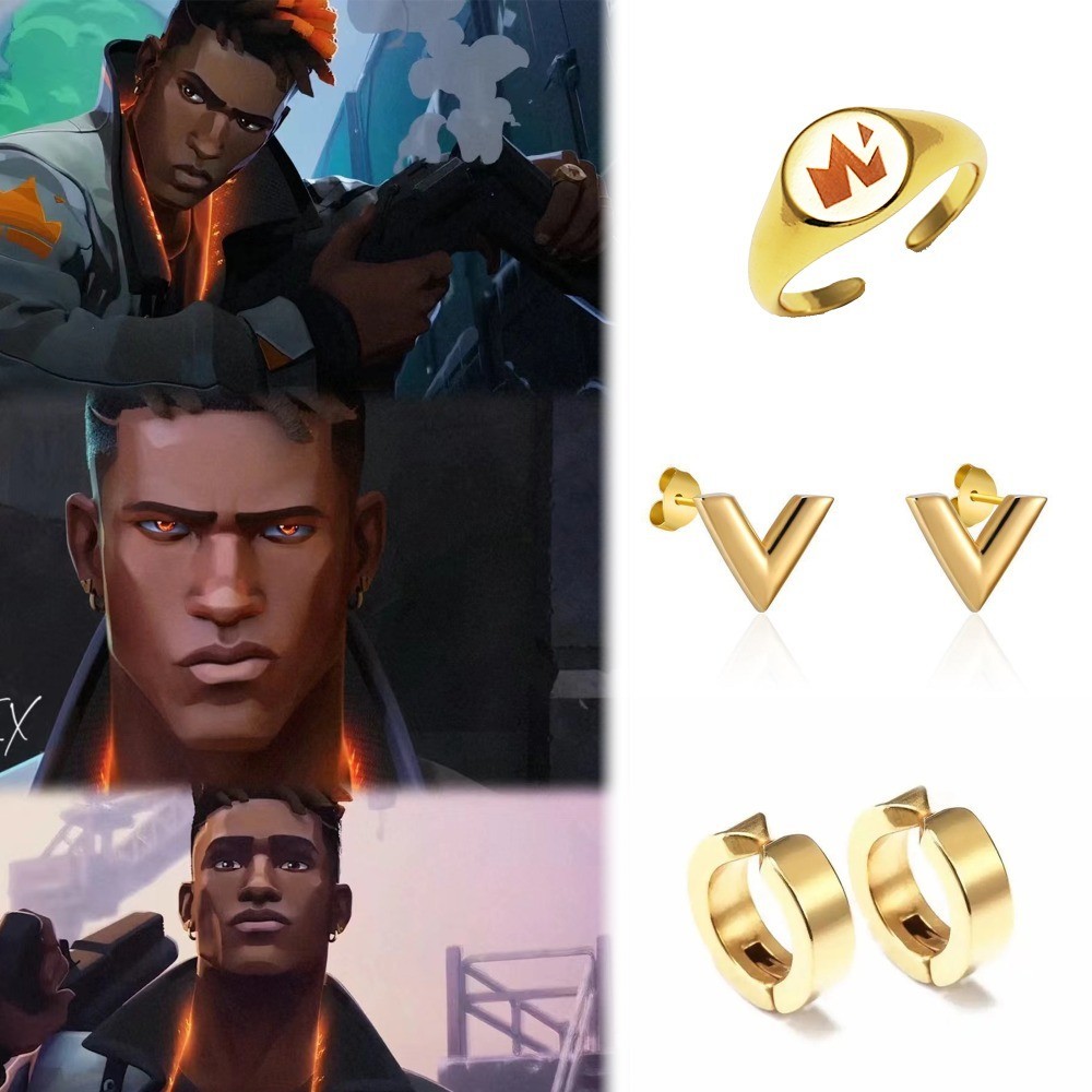 Riot Games VALORANT Ring Phoenix Letter V Ear Studs Man Woman Earrings ...