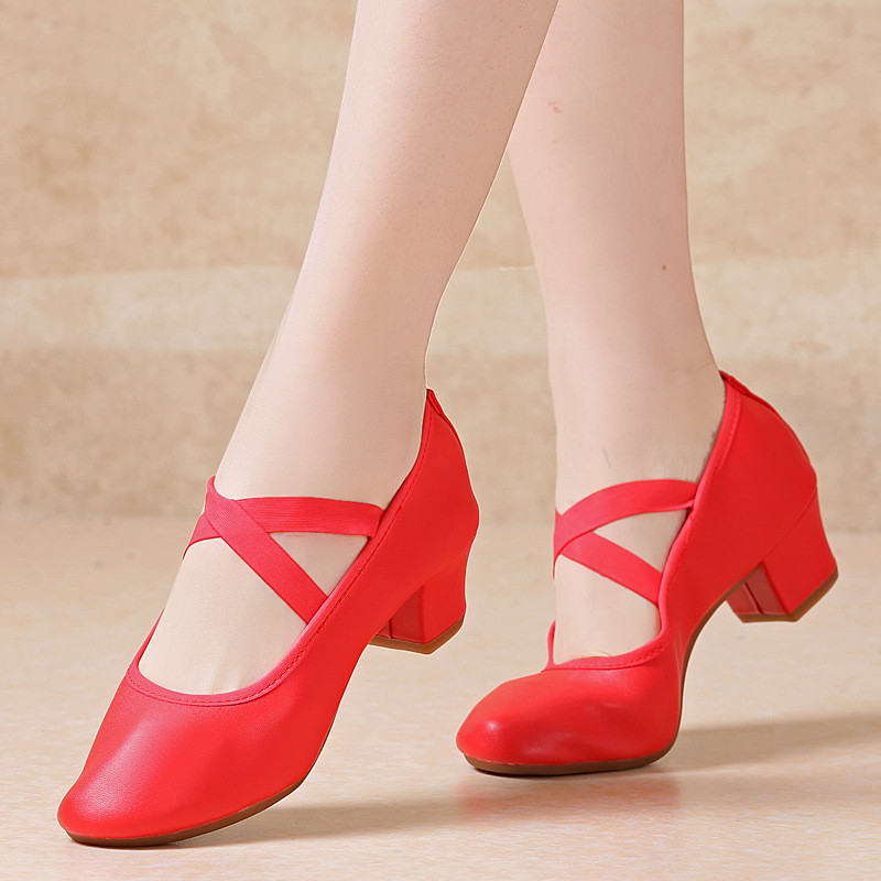 Square Dance Shoes Elastic Band Leather Surface Red Adult Mid-heel Soft ...