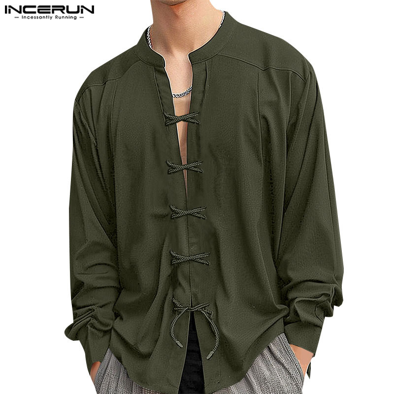 INCERUN men's fashionable deep V-neck lace up design long sleeved shirt ...