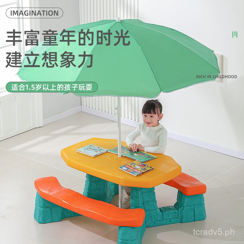 Kindergarten Gaming Table Outdoor Children's Picnic Table with Umbrella ...