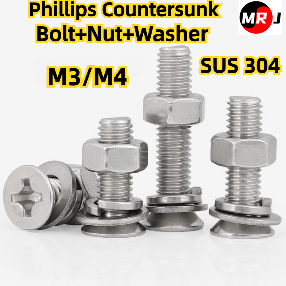 [MRJ] Stainless Steel 304 Phillips Slot Countersunk Bolt+Nut+Washer ...