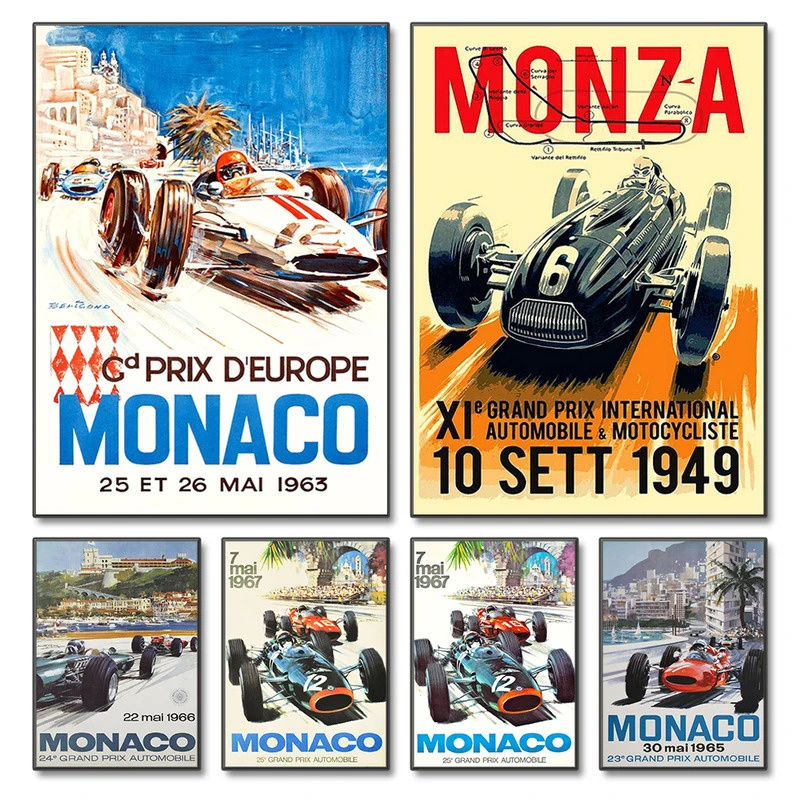 Vintage cars Racing Poster, Monaco Masters F1, painting on canvas ...
