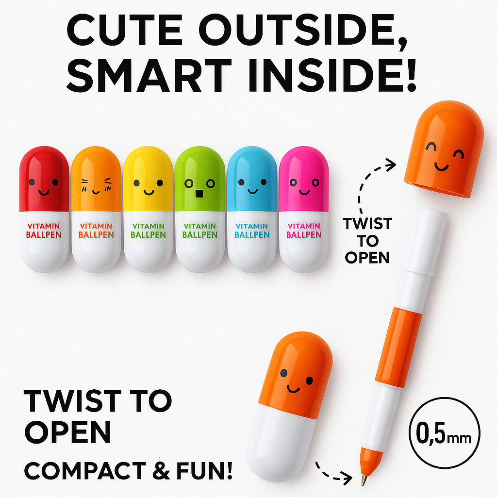 ICF Cute Capsule Vitamin Ballpen Twist to Open | Kawaii Face Mini ...