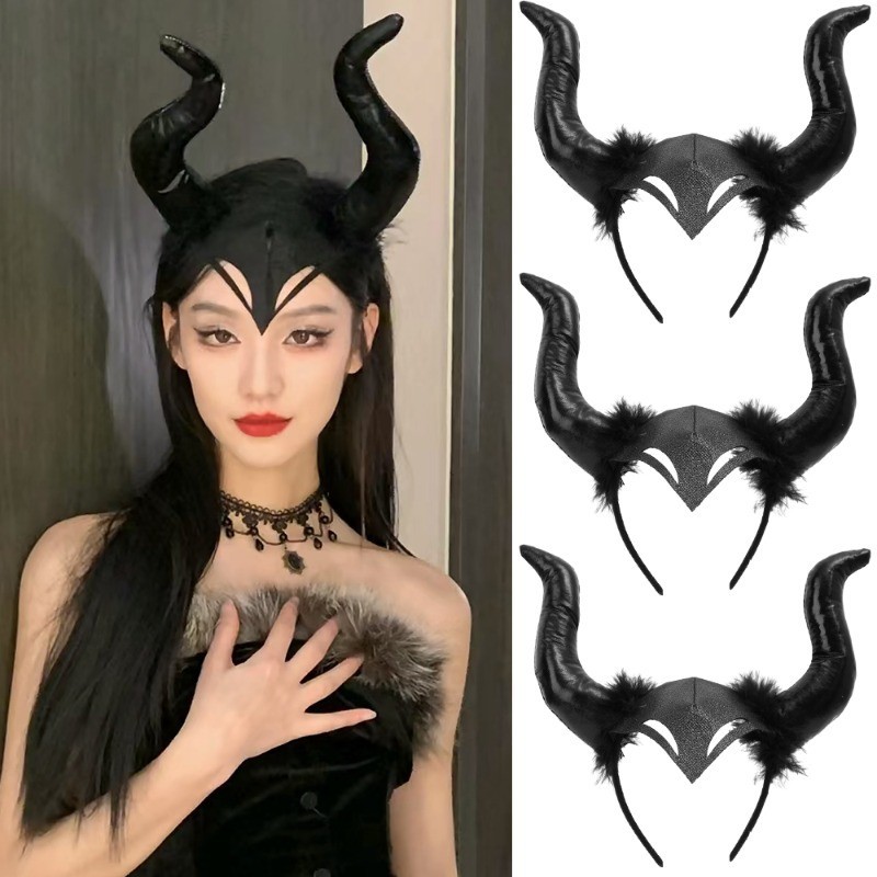 Halloween Demon Oversize Horn Headband Black Long Ox Horn Hair Hoop ...
