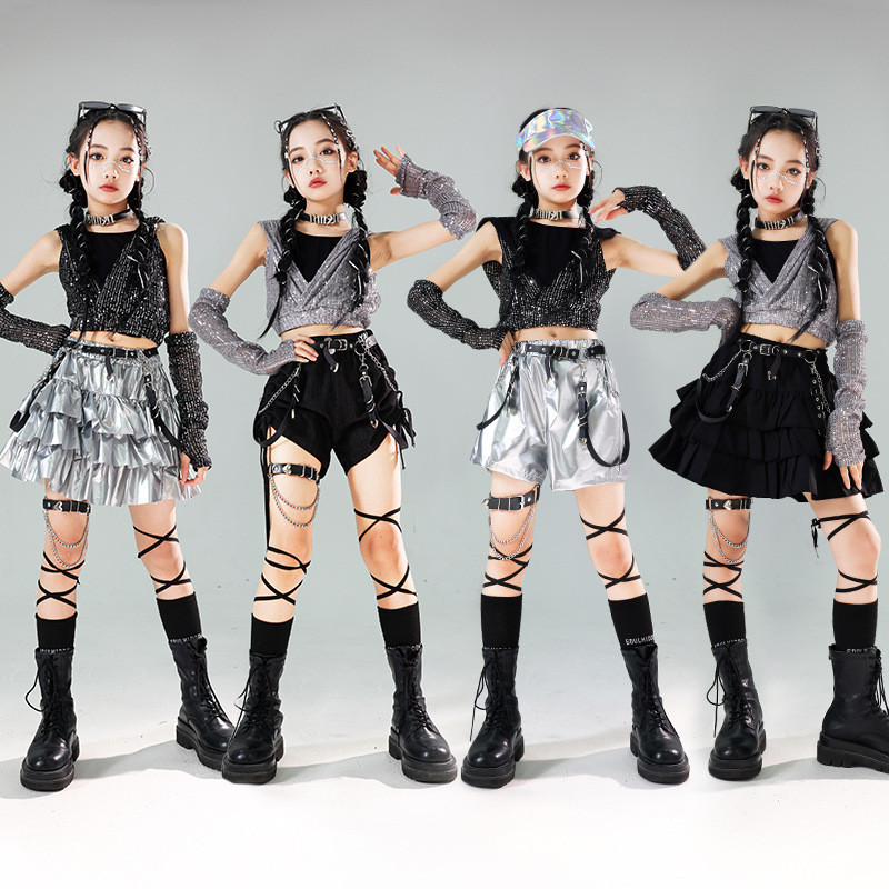 Ready Stock Girls Jazz Dance Costume / Children Hiphop Sequin Silver ...