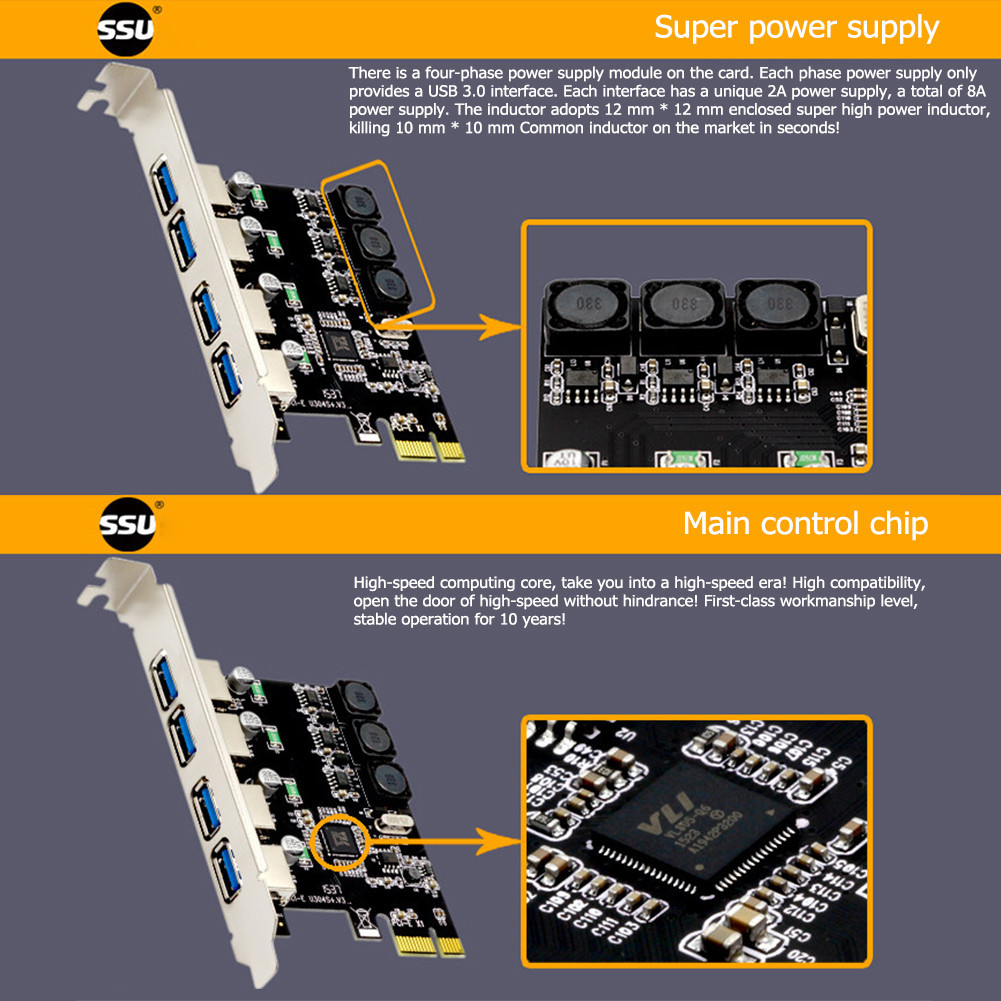 SSU U3V04S+ 4 Port USB 3.0 PCIe Expansion Card PCI Express USB Hub ...