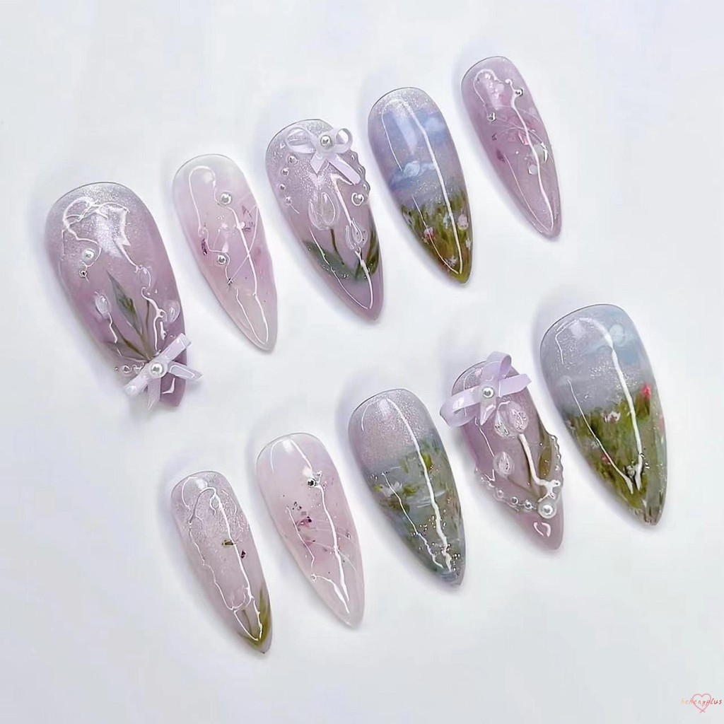 Gentle Purple Fake Nails with Glitter Decor Lightweight and Easy to ...