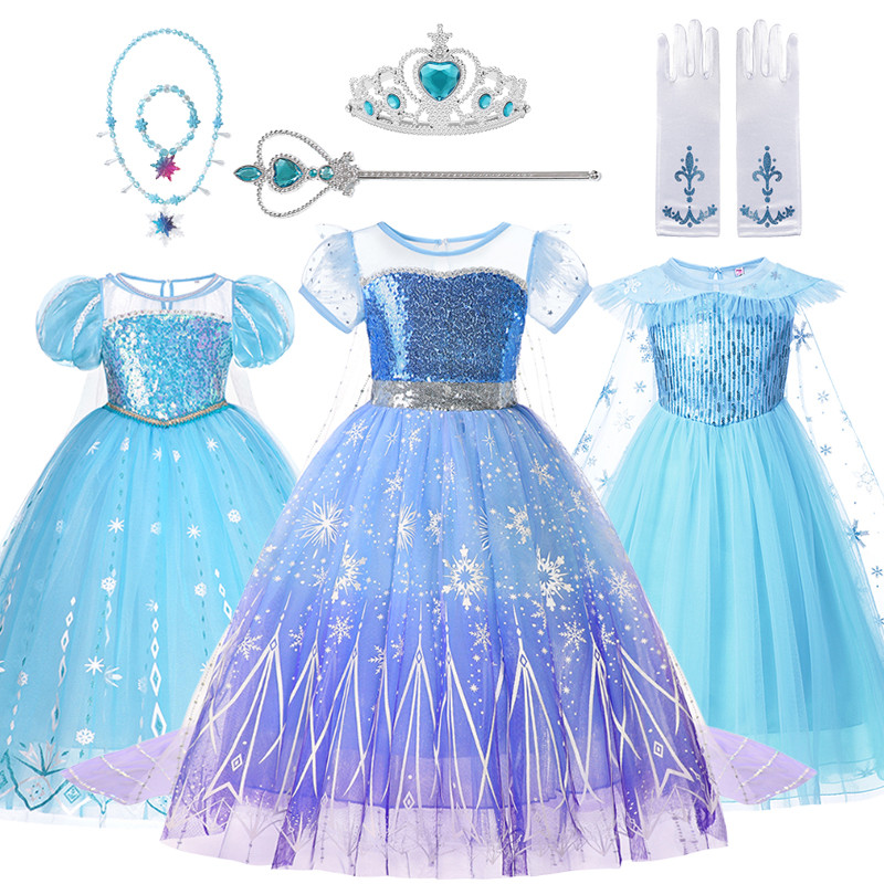 Girls Elsa Princess Dress 6 Pieces Set with Crown Gloves Necklace Suits ...