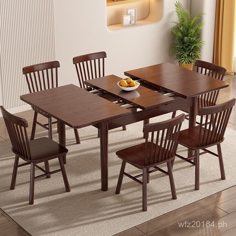 Home Telescopic Walnut Color Square Table Modern Simple Solid Wood ...
