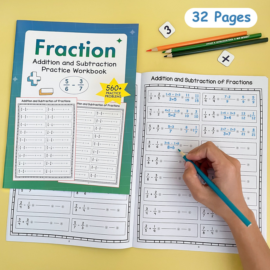 32pages Math Fractions Workbook Addition & Subtraction Exercise Book ...