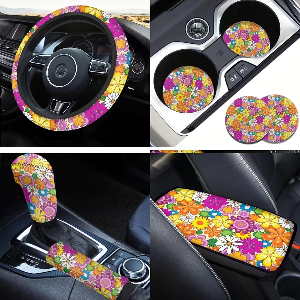 6 PCS Hippie Daisy Print Steering Wheel Cover Flower Car Armrest Cover ...