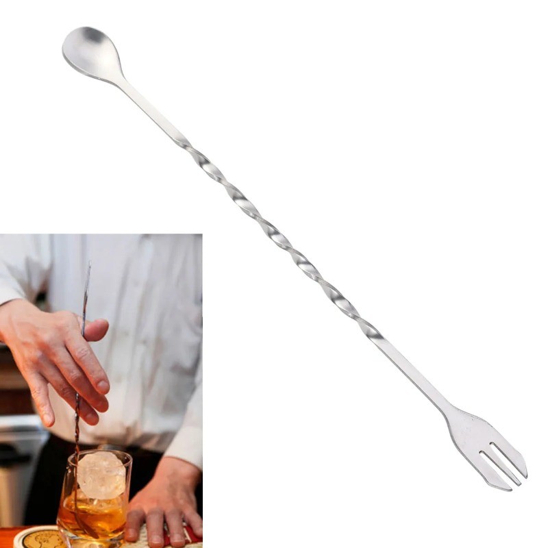 304 Stainless Steel Swizzle Stick Cocktail Spoon Mixing Fork Bartender ...