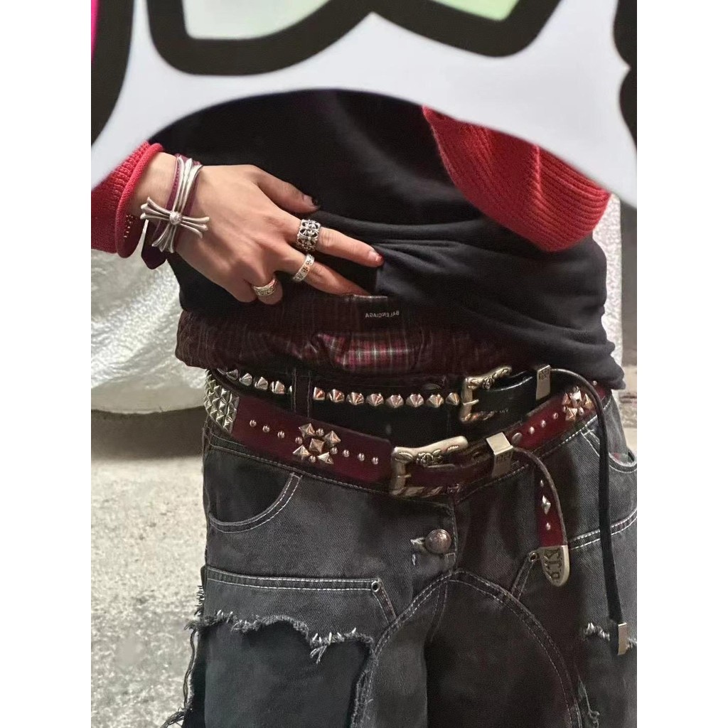 Erd Burgundy studded belts Rivet Cowhide Belt Distressed Carved Belt ...