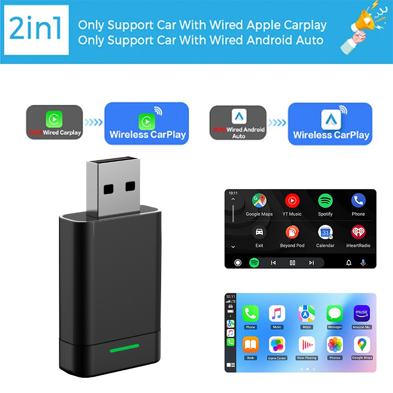 Wireless Carplay Android Auto Adapter 2 in 1 Mini Box Plug&Play CarPlay AI Box BT WiFi for Wired ...