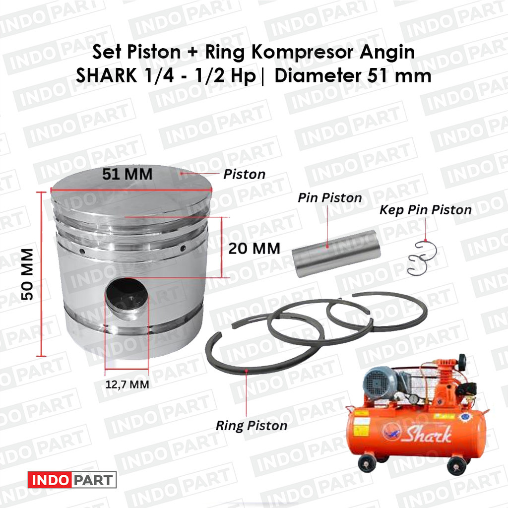 Piston Kit / Assy Diameter 51 mm | Complete Shark Air Compressor Set 1/ ...