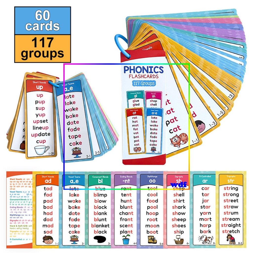 60PCS Phonics Flash Cards Short/Long Vowels & Consonant Blends ...