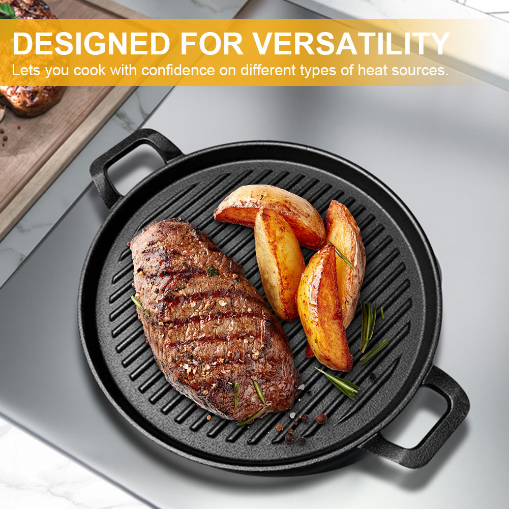 ♚WM♚ Cast Iron Grill Plate Flat & Ridged Skillet Pan with Handles ...