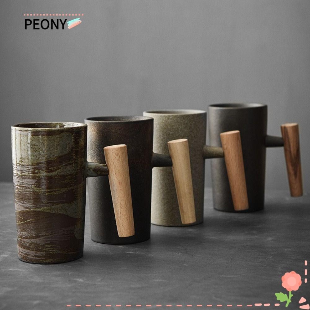 PEONY Ceramic Mug, Handmade Wooden Handle Coffee Cup, Vintage Matte ...