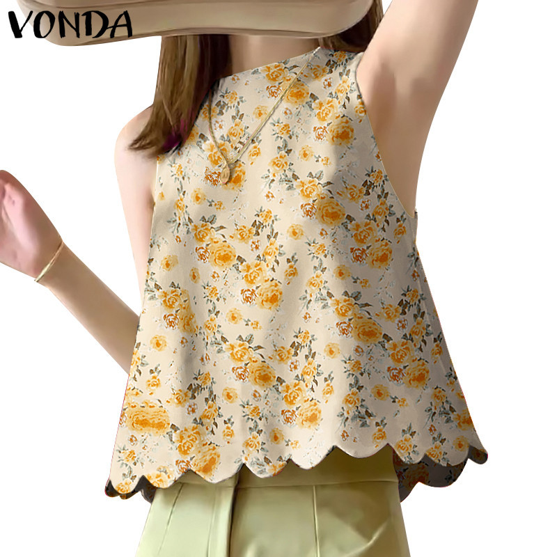 VONDA Women Korean Round Neck Sleeveless Burnt Flower Holiday Tanks ...