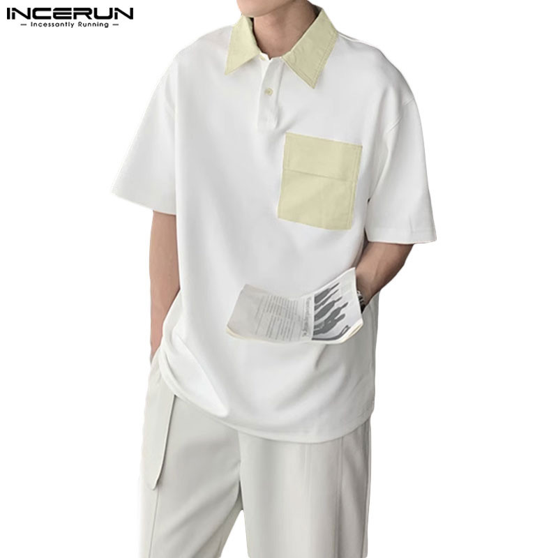 INCERUN Men Korean Fashion Colorblocking Short Sleeve Lapel Neck POLO ...