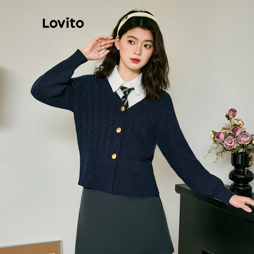 Lovito Women Preppy Plain Button Front Cardigans L98AD168 | Shopee ...