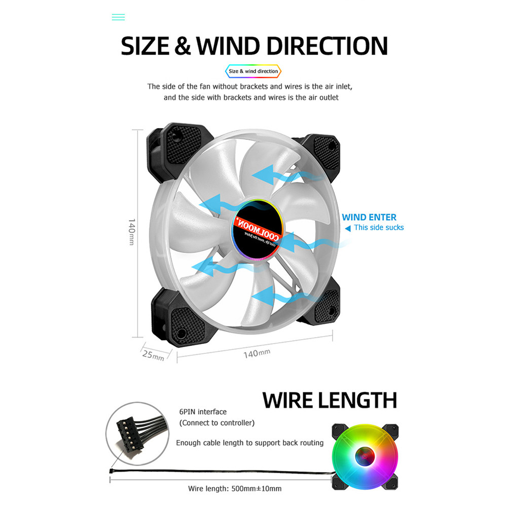 6Pin Heatsink Dissipation RGB Computer Chassis Cooling Fan 140mm PC ...