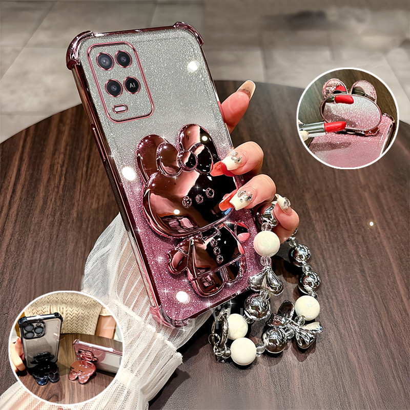 【Shock resistant】Case For OPPO A54 Phone case New 3D Rabbit Makeup Mirror Stand Bracelet Soft ...